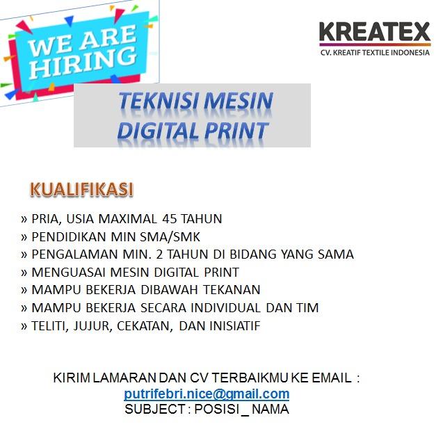 Lowongan Kerja Teknisi Mesin Digital Print - Operator Mesin Digital Print di CV. Kreatif Textile ...