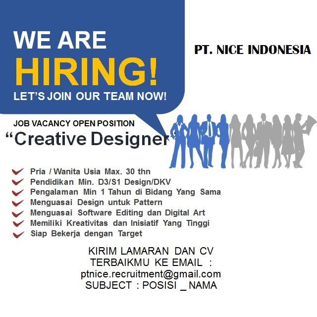Lowongan Kerja Creative Designer - Admin Gudang di PT. Nice Indonesia ...