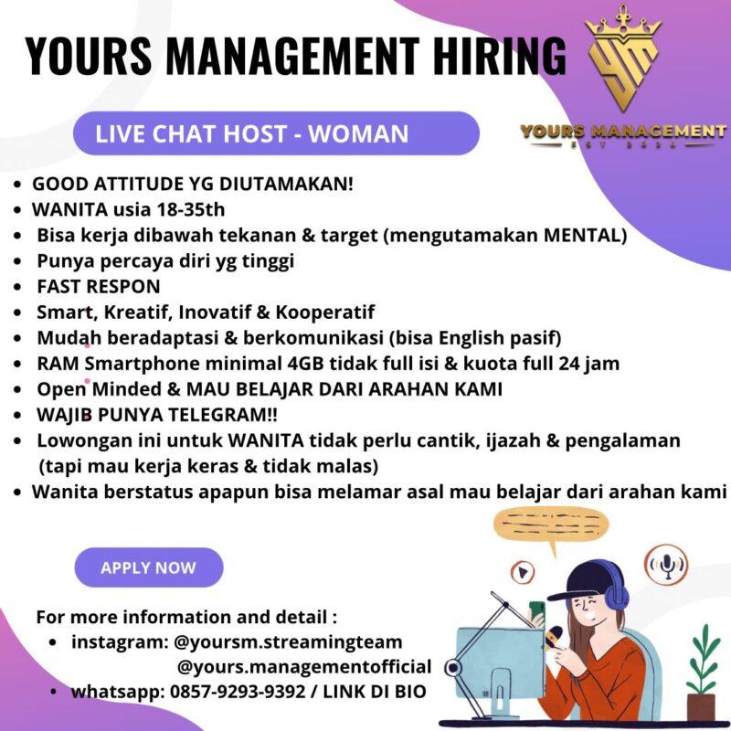 Lowongan Kerja Live Chat Host / Host Streaming di Yours Management ...