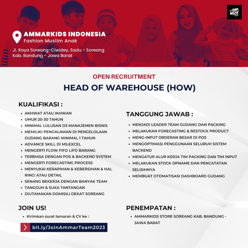 Lowongan Kerja Head of Warehouse (HOW) di Ammarkids Indonesia - LokerBandung.id