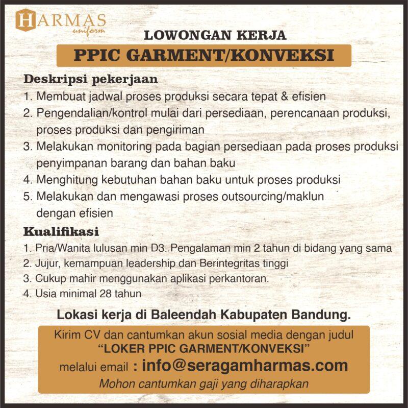Lowongan Kerja PPIC Garment/Konveksi di Harmas Uniform - LokerBandung.id