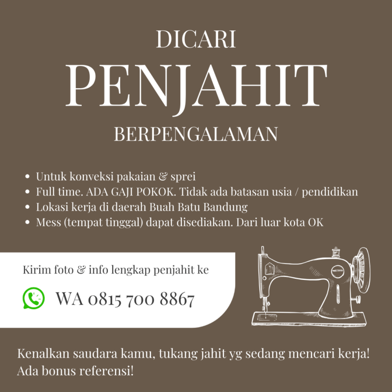 Lowongan Kerja Penjahit (Tukang Jahit) Berpengalaman di Leven Cotton - LokerBandung.id