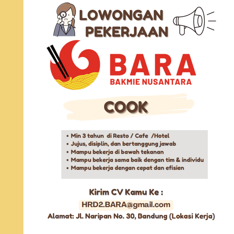 Lowongan Kerja Cook di BARA Bakmie Nusantara - LokerBandung.id