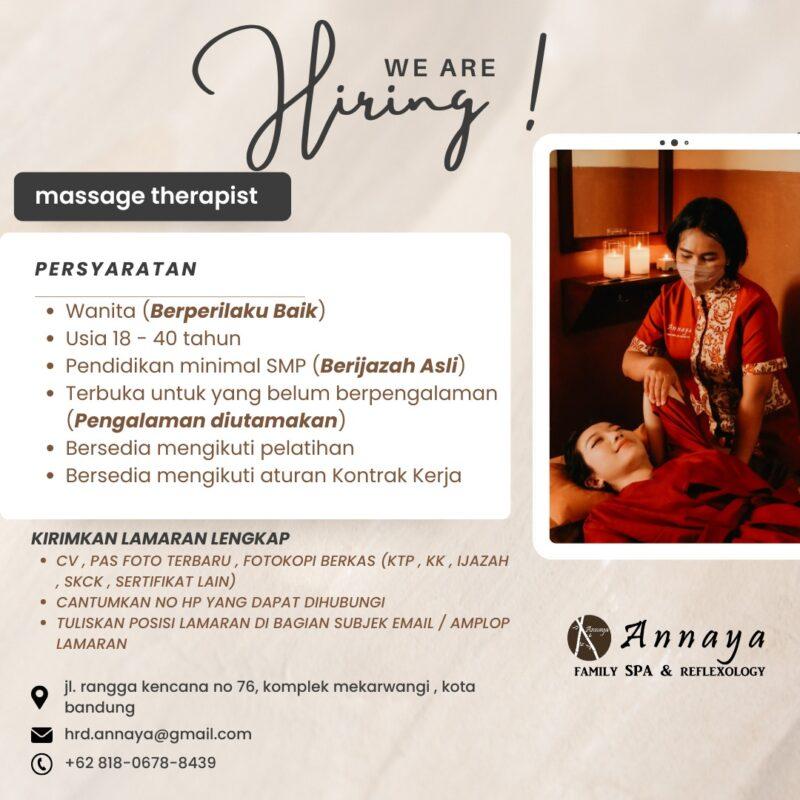 Lowongan Kerja Massage Therapist di Annaya Family Spa & Reflexology - LokerBandung.id