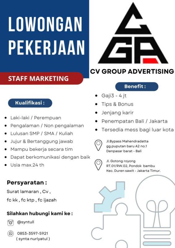 Lowongan Kerja Staff Marketing di CV. Group Advertising - LokerBandung.id