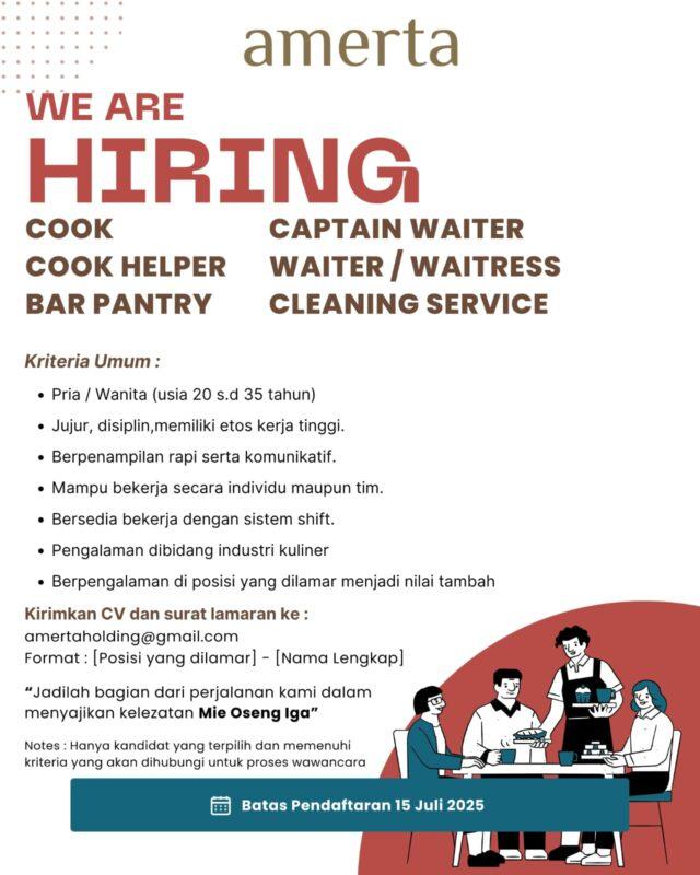 Lowongan Kerja Cook - Cook Helper - Bar Pantry - Captain Waiter - Waiter/ Waitress - Cleaning ...