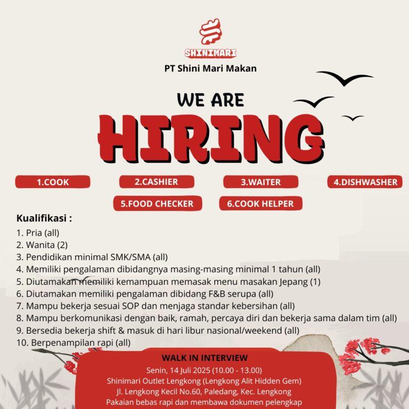 Lowongan Kerja Cook - Cashier - Waiter - Dishwasher - Food Checker ...