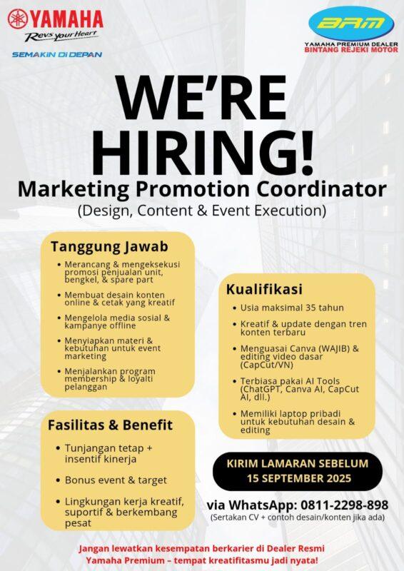 Lowongan Kerja Marketing Promotion Coordinator di Dealer Yamaha Bintang ...