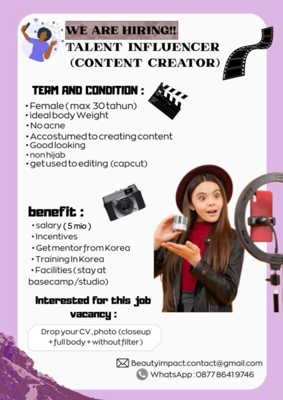 Lowongan Kerja Talent Influencer (Content Creator) di CV Beauty Impact - LokerBandung.id