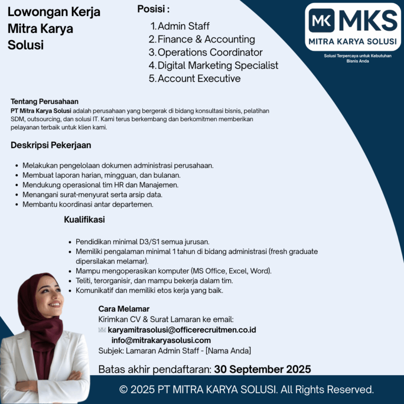 Lowongan Kerja Admin - Finance - Operations - Digital Marketing ...