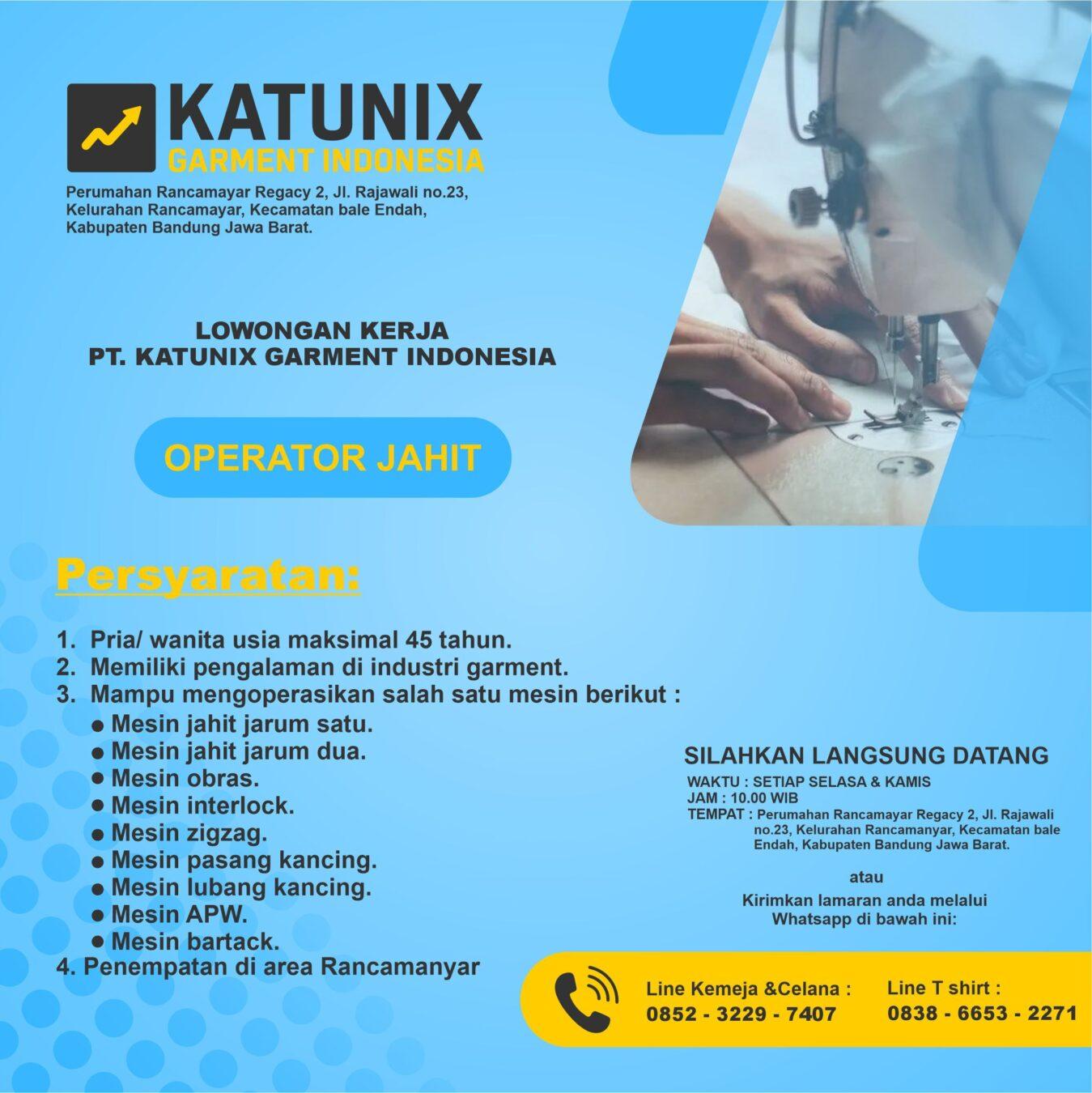 Lowongan Kerja Operator Jahit di PT. Katunix Garment Indonesia ...