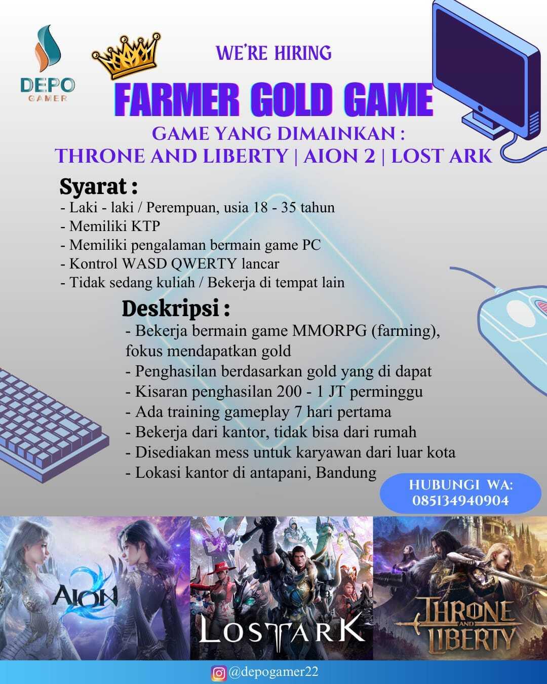 Lowongan Kerja Farmer Gold Game di Depo Gamer - LokerBandung.id