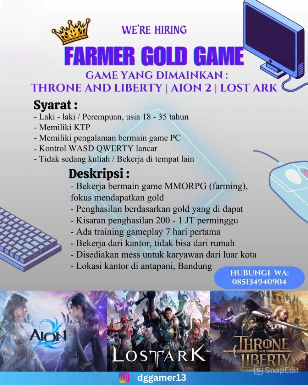 Lowongan Kerja Farmer Gold Game di Depo Gamer - LokerBandung.id