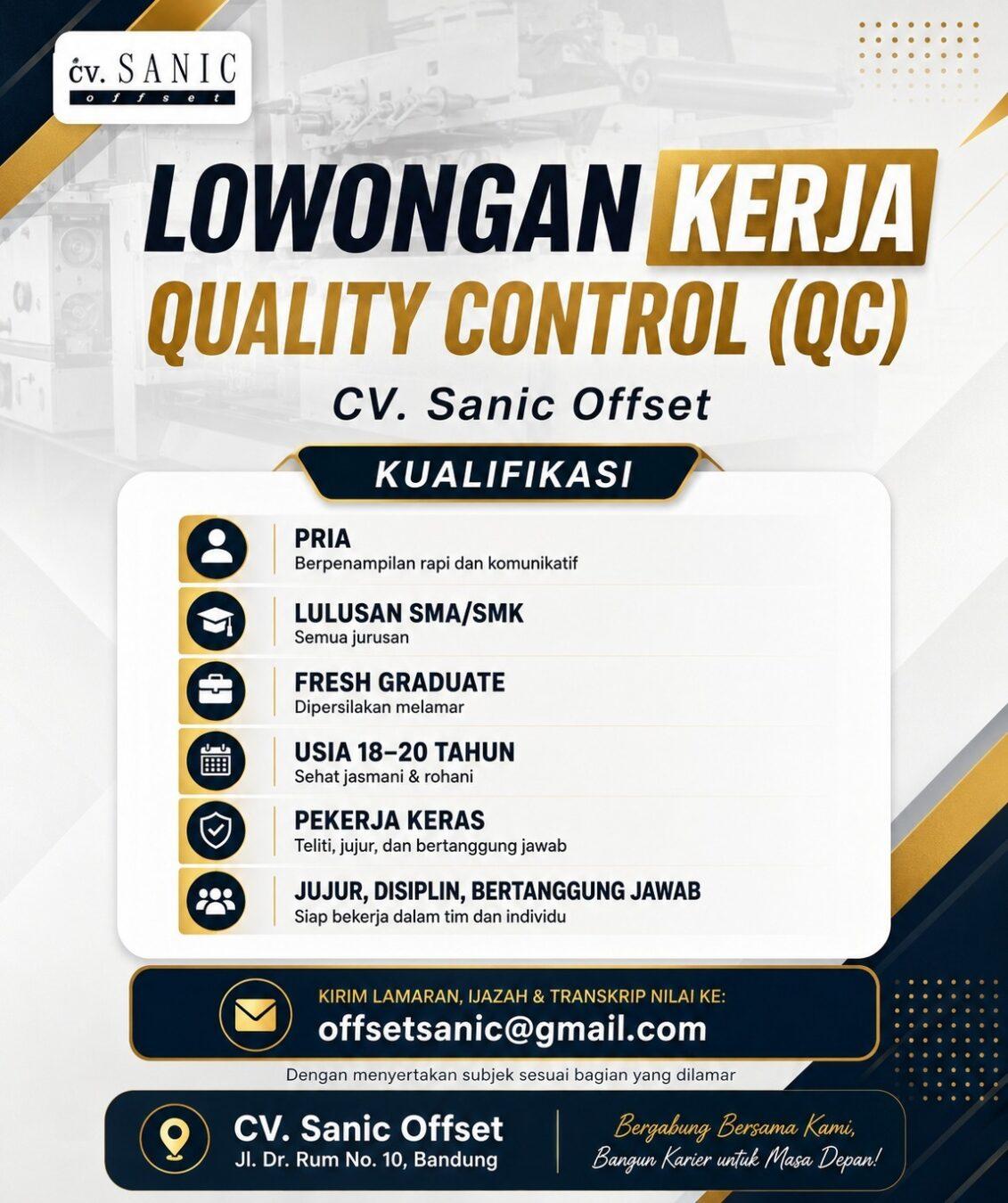 Lowongan Kerja Quality Control (QC) di CV. Sanic Offset - LokerBandung.id