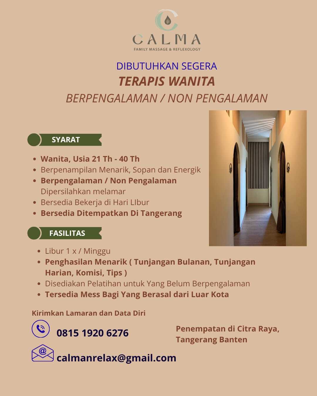 Lowongan Kerja Terapis Wanita di Calma Family Message & Reflexology ...